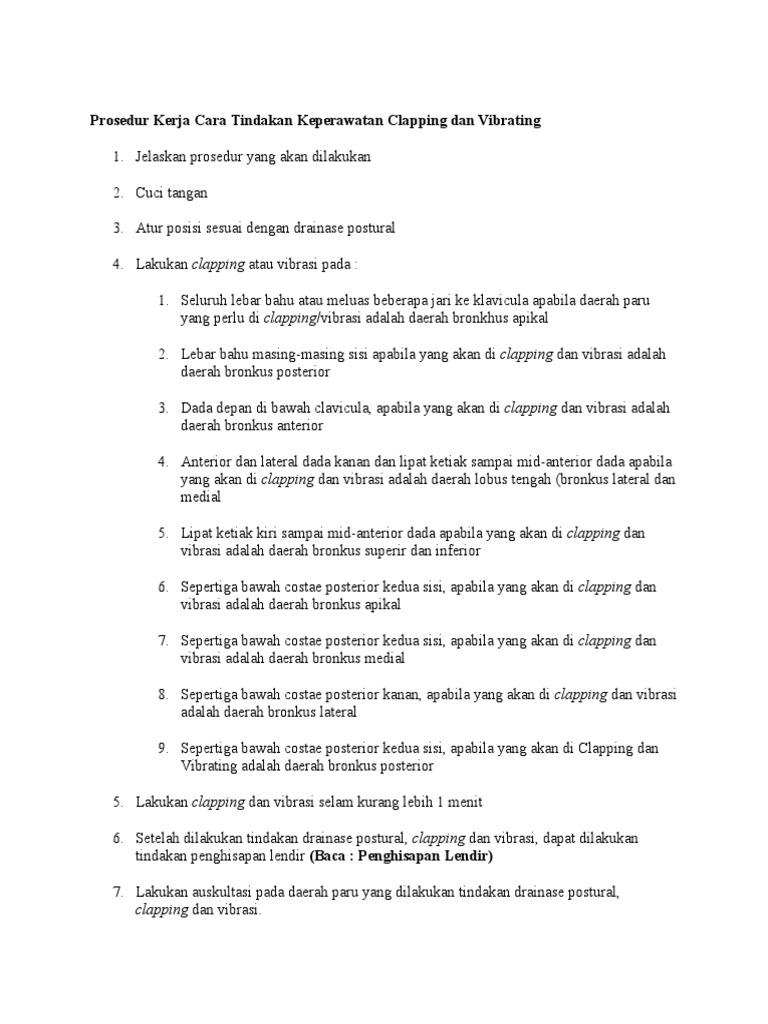 Prosedur Kerja Cara Tindakan Keperawatan Clapping Dan Vibrating | PDF