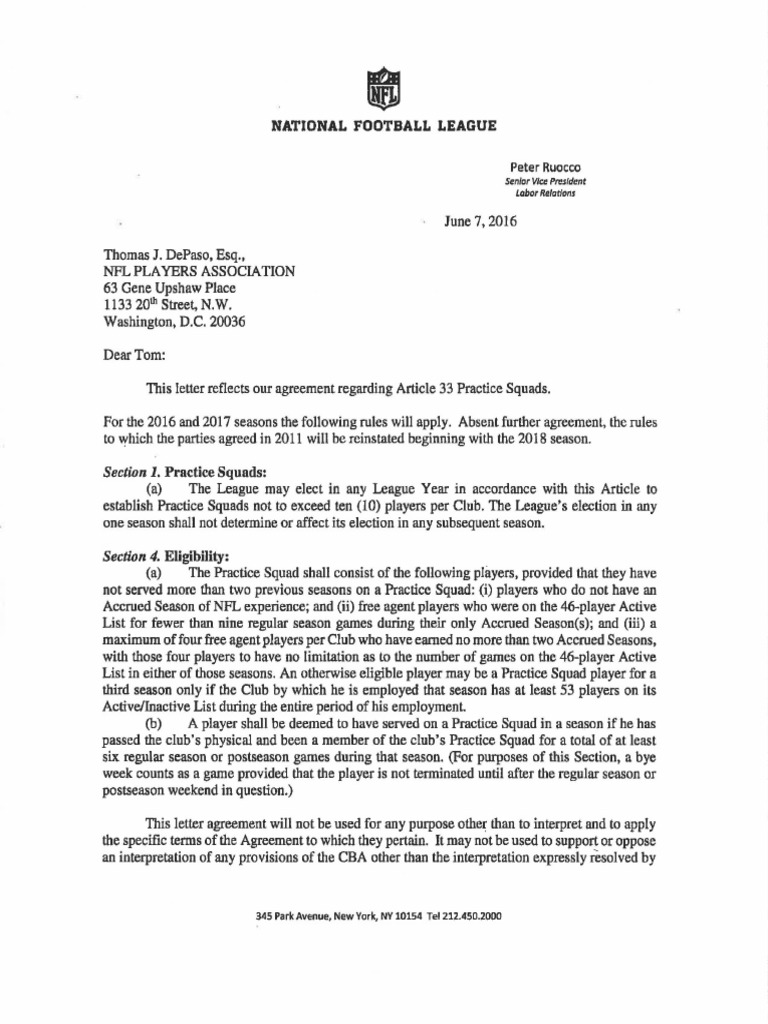 NFL Practice Squad Letter | PDF | Sports & Recreation