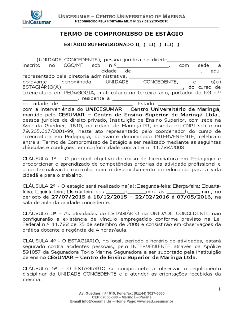 Termo de Compromisso de Estagio Est Gio 3-51-2016 | PDF | Pedagogia | Ensino Superior