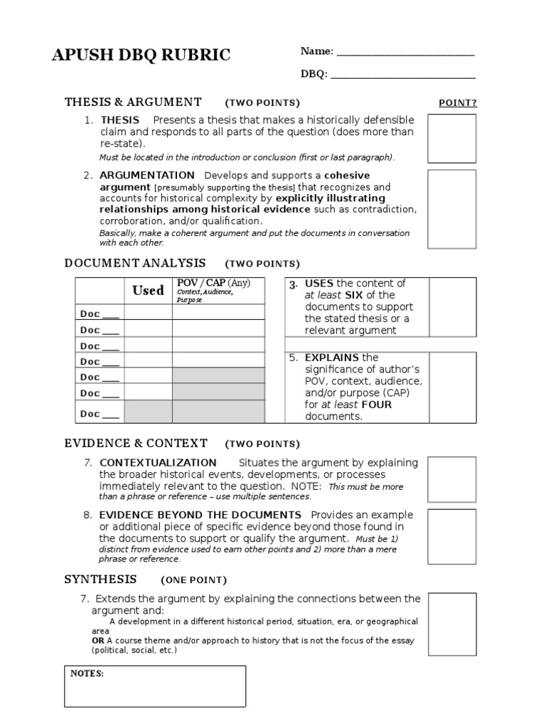 APUSH DBQ Rubric Overview | PDF