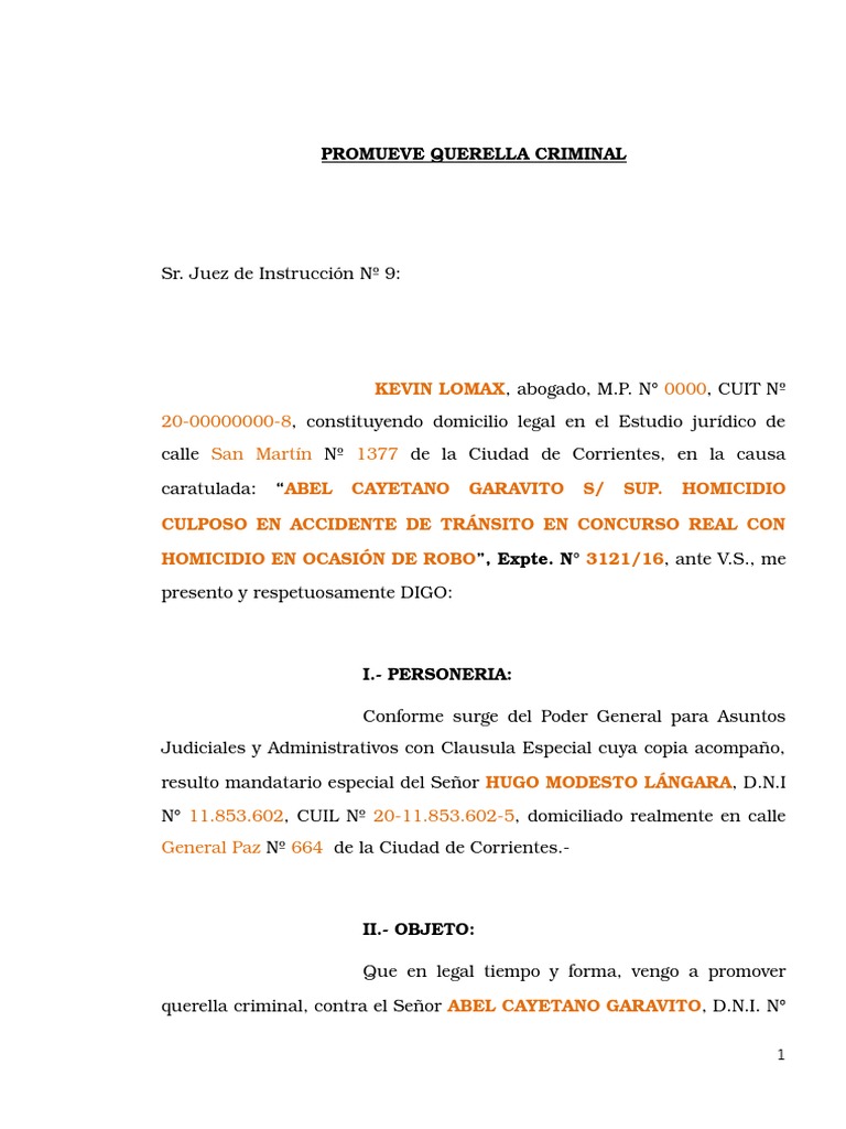 Modelo de Querella | Queja | Narrativa
