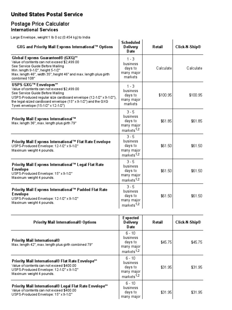 USPS International Postage Calculator | PDF | United States Postal ...