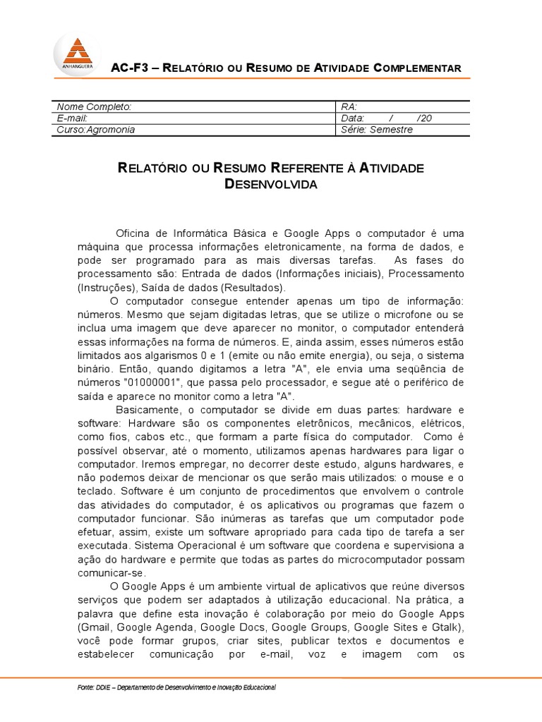 Relatório de Atividade Complementar (Oficina de Informática Básica e Google Apps) | PDF | Google ...