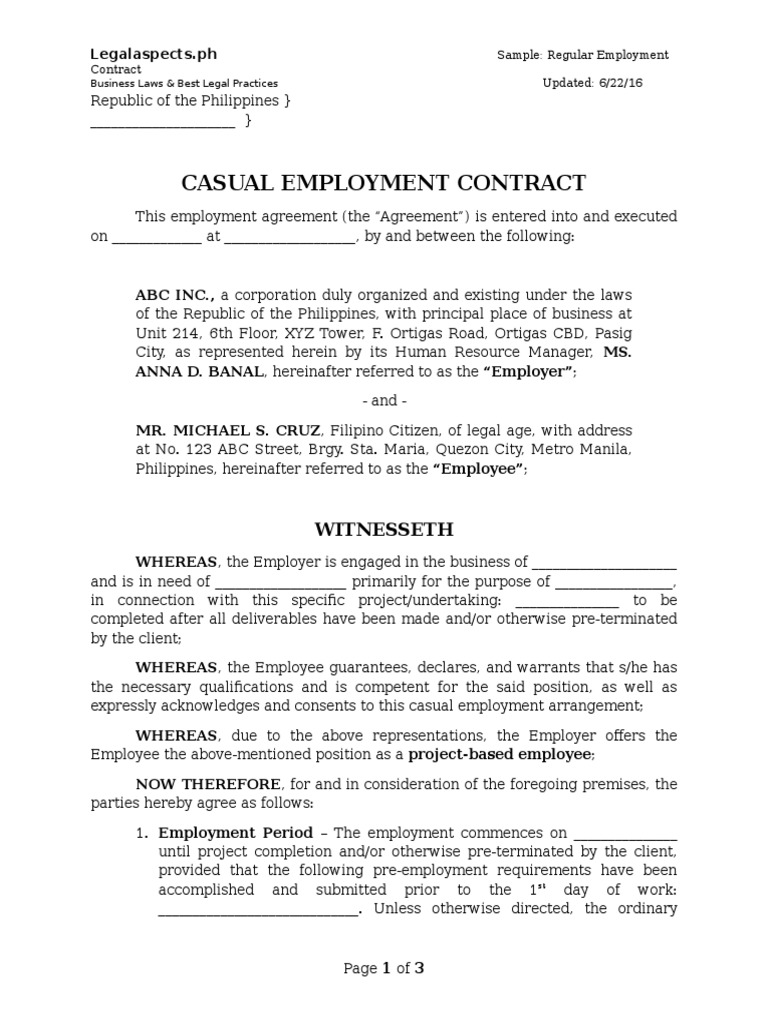 Sample - Project-Based Employment Contract - Legalaspects - PH | PDF ...