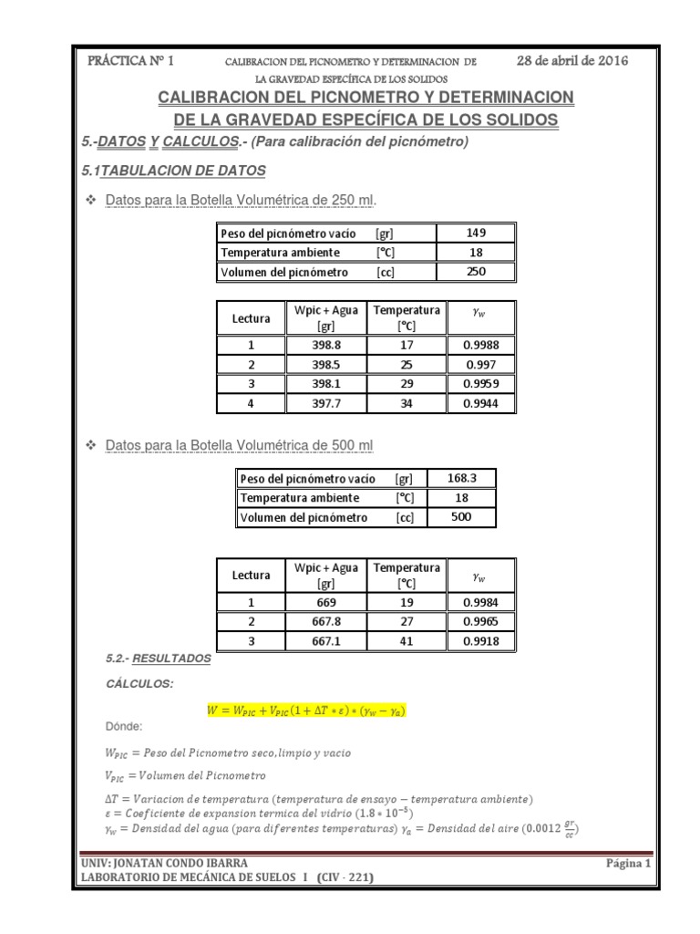 Calculos y Conclusion de Calibracion Del Picnometro y Determinacion de ...