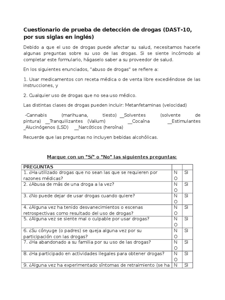 Cuestionario DAST 10 | PDF