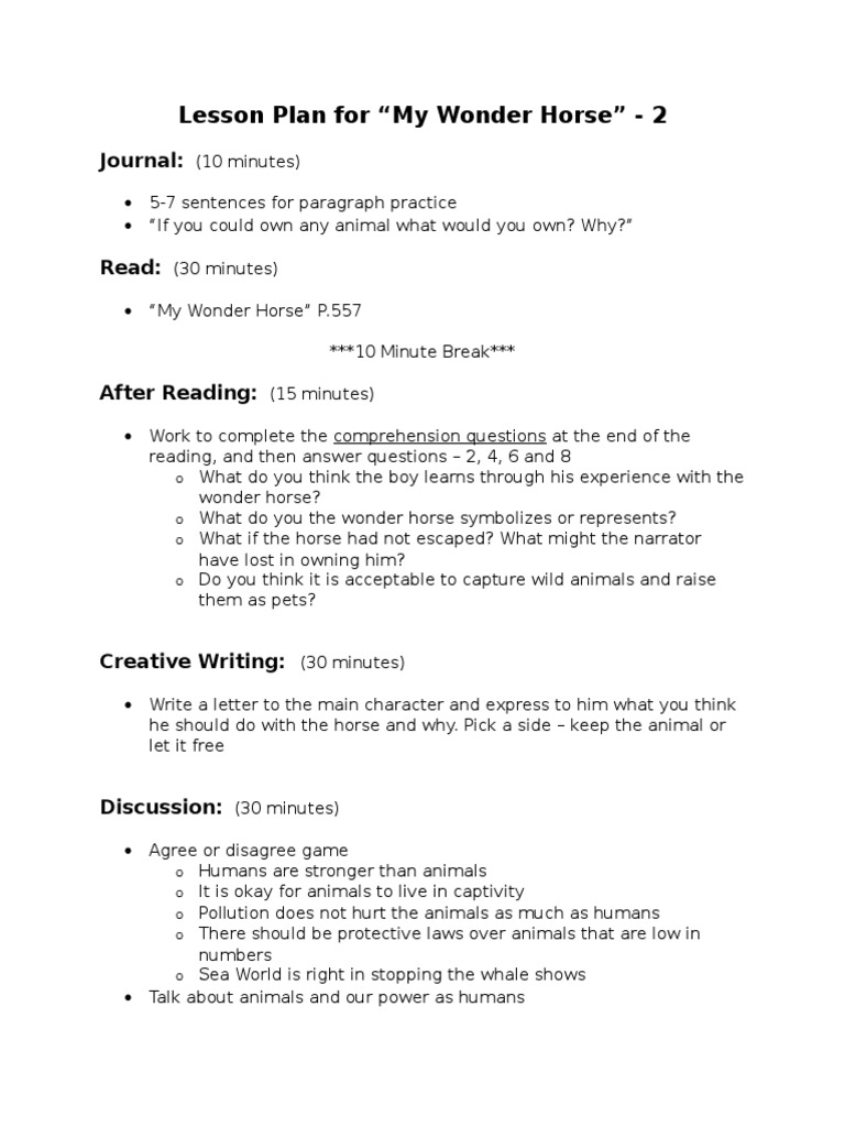 Lesson Plan: My Wonder Horse Activities | PDF | General Fiction