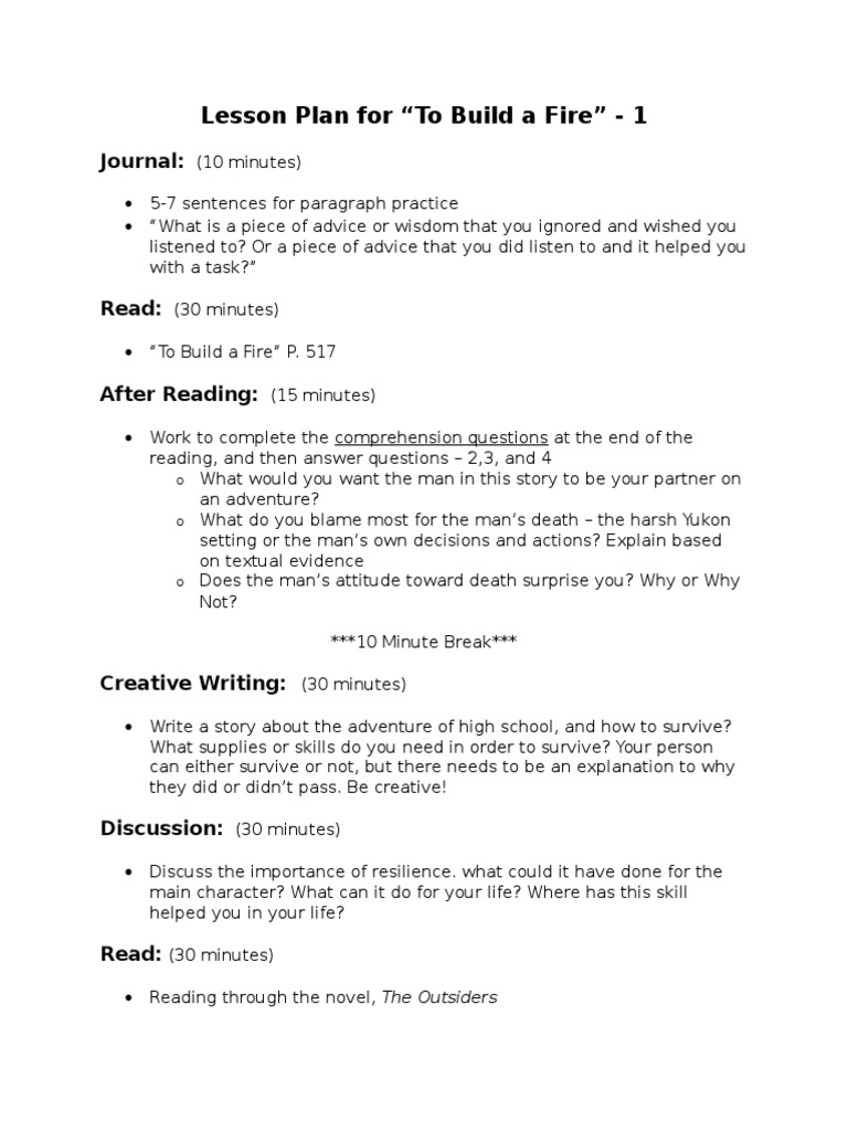 Lesson Plan: "To Build a Fire" Activities | PDF