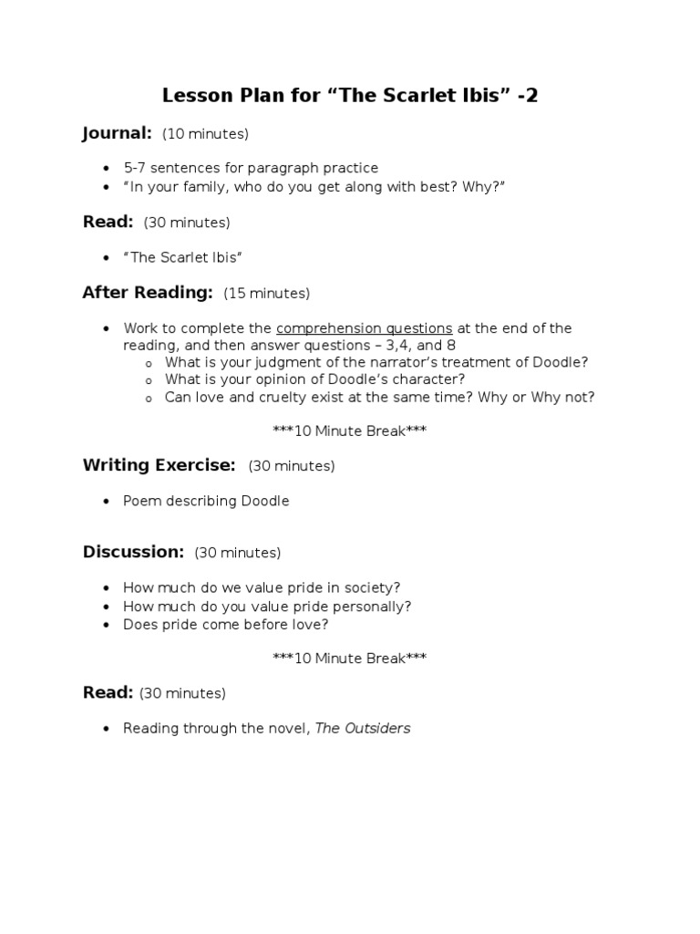 Lesson Plan: "The Scarlet Ibis" Analysis | PDF