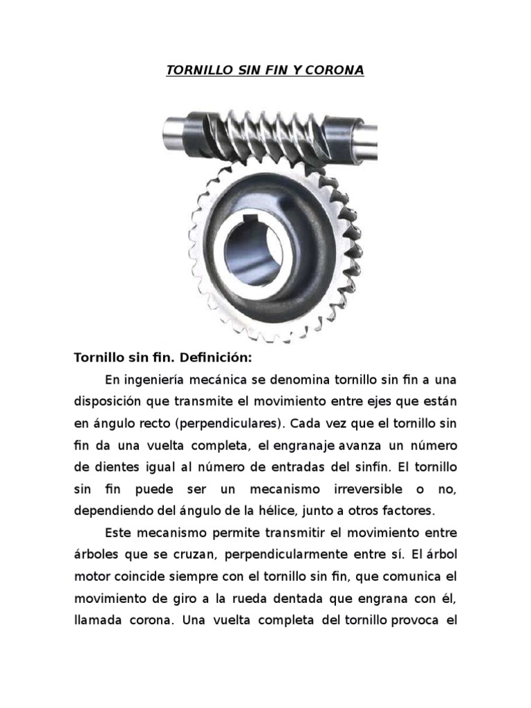 Tornillo Sin Fin y Corona: Definición y Tipos | PDF | Engranaje | Eje