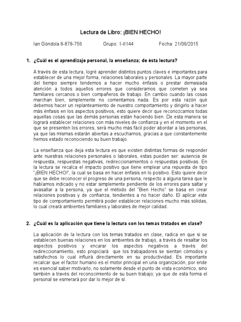 Análisis Del Libro "Bien Hecho" | PDF | Aprendizaje | Comportamiento