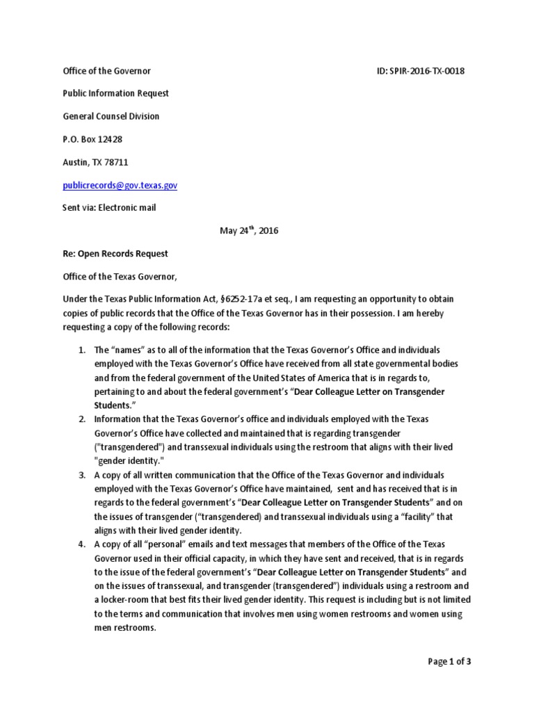 Texas Governor's Office Records Request | PDF | Transgender | LGBTQIA+ ...