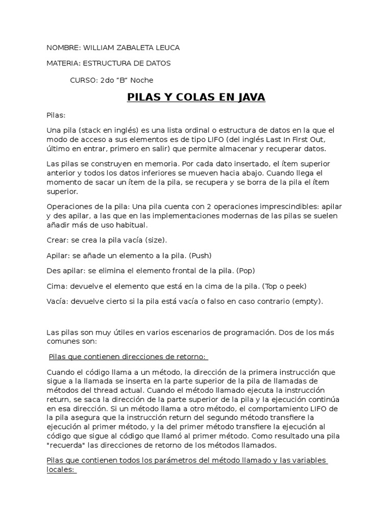 Pilas y Colas en Java | PDF | Cola (tipo de datos abstractos ...