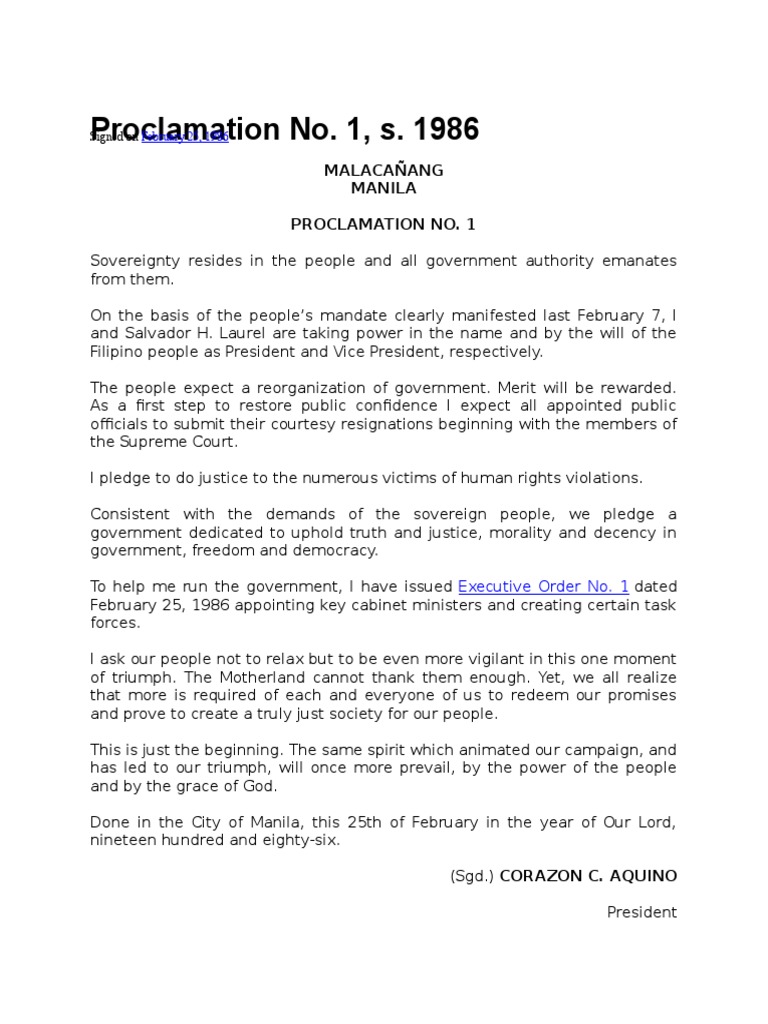 Proclamation No. 1: Aquino's Mandate | PDF | President Of The ...