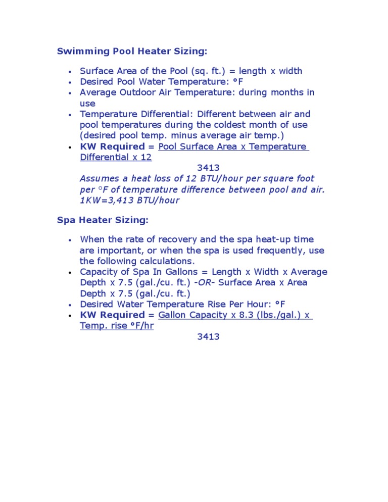 Pool Heater Sizing Calculations Guide | PDF
