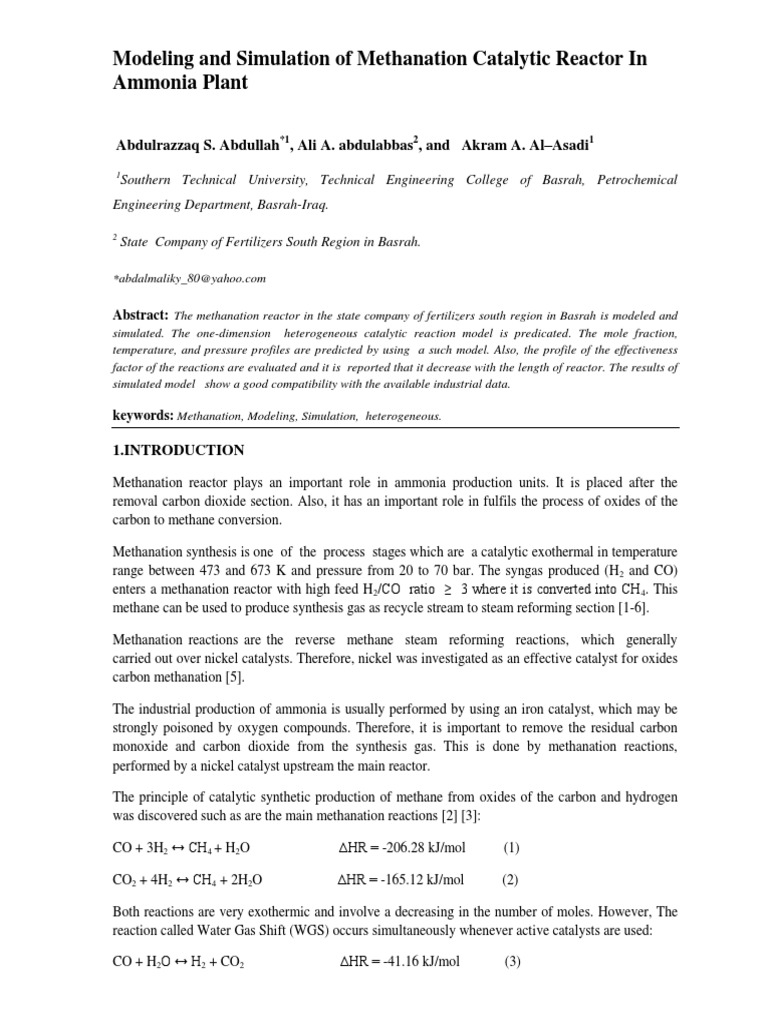 Modeling and Simulation of Methanation Catalytic Reactor in Ammonia Plant | PDF | Chemical ...