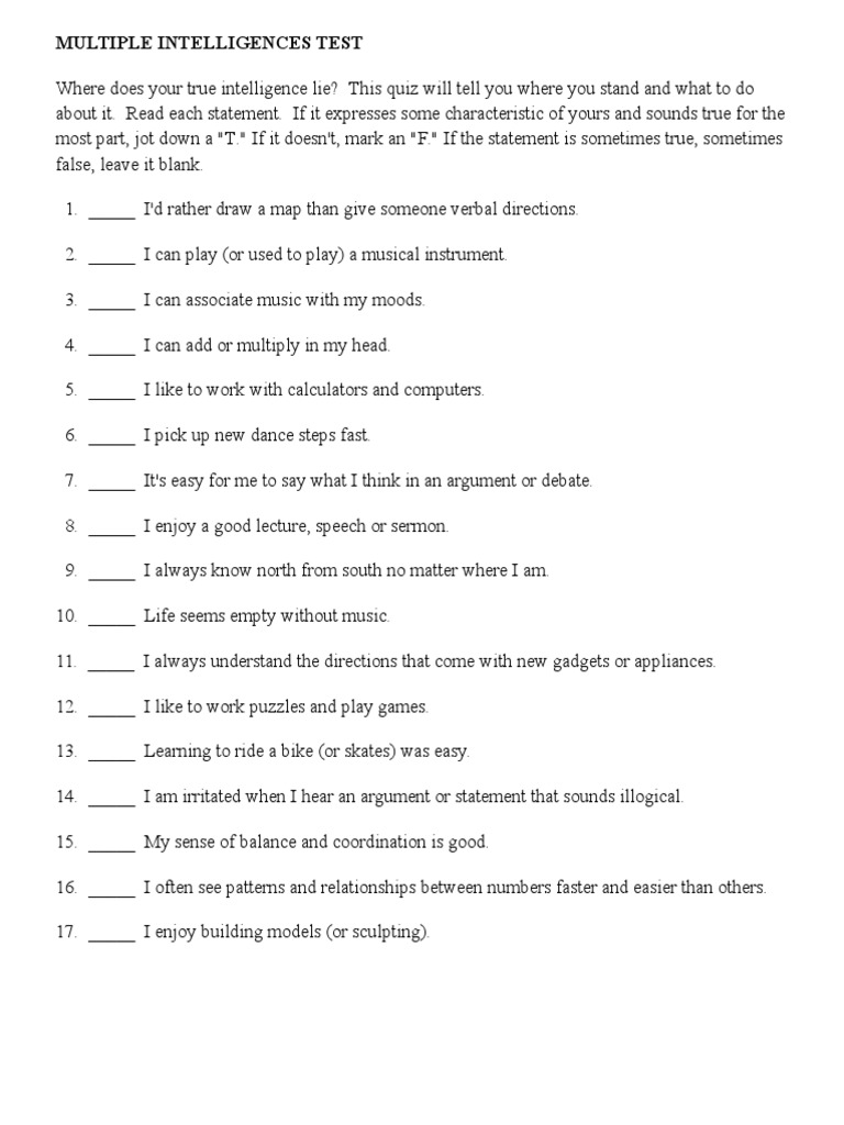 Multiple Intelligences Test | PDF | Singing | Mental Image