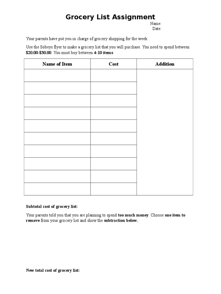 Student Grocery List Assignment | PDF | Career & Growth | Business