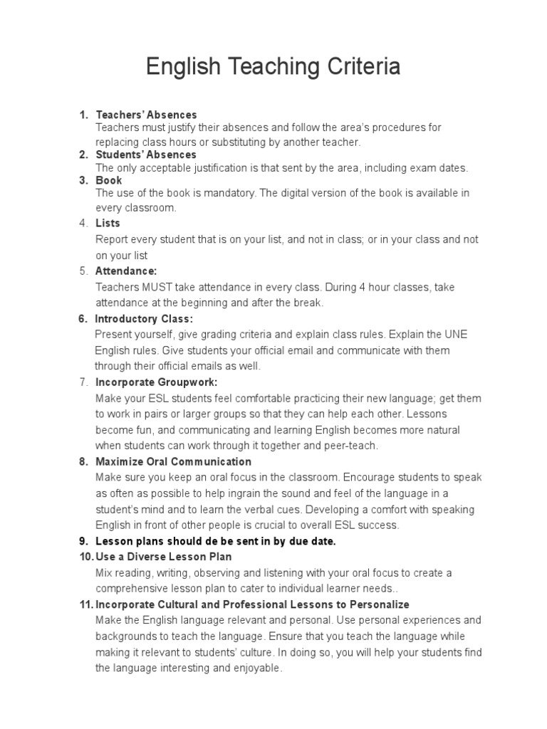 English Teaching Criteria | English As A Second Or Foreign Language ...