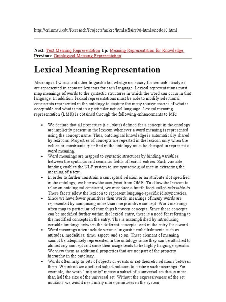 Lexical Meaning Representation: Next: Previous | PDF | Lexicon | Concept
