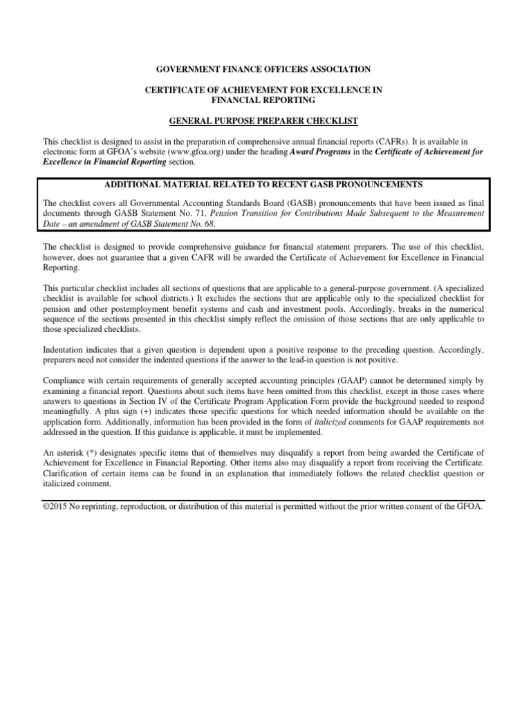 GFOA General Purpose Checklist | PDF | Pension | Financial Statement