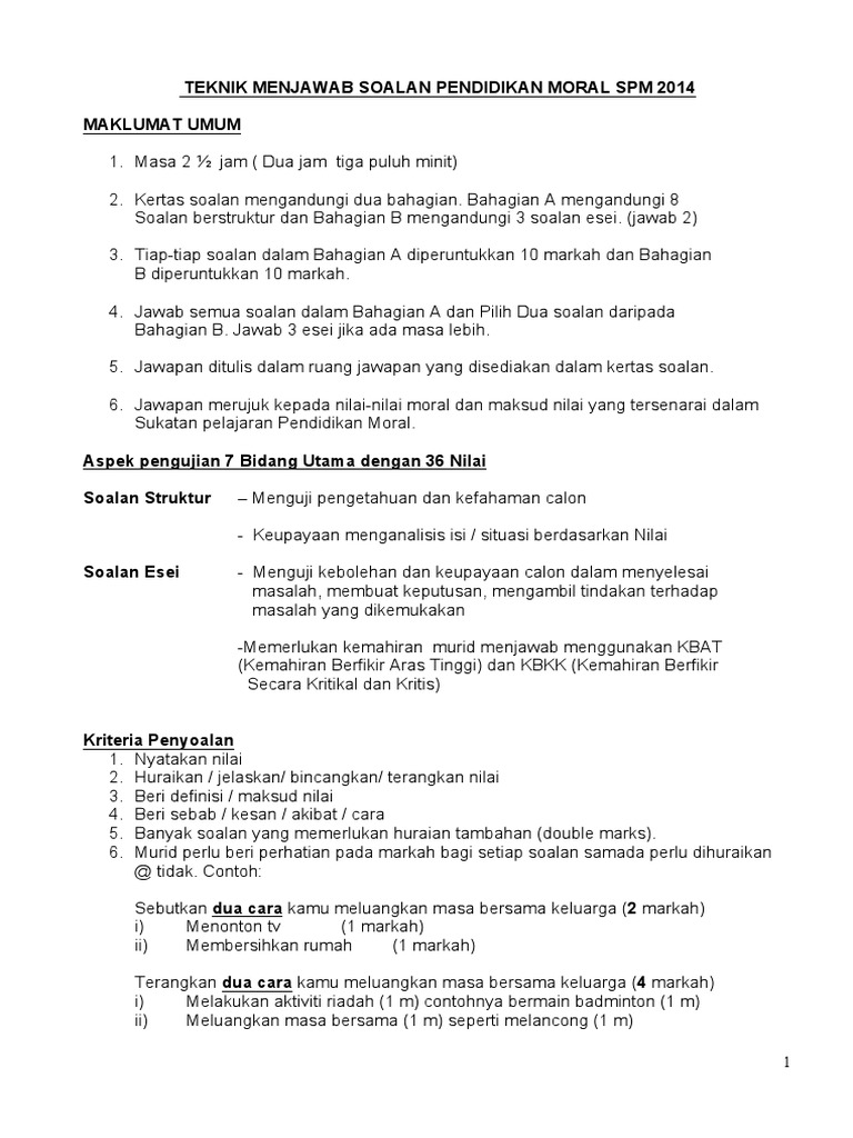 Teknik Menjawab Soalan Pendidikan Moral SPM 2014 | PDF