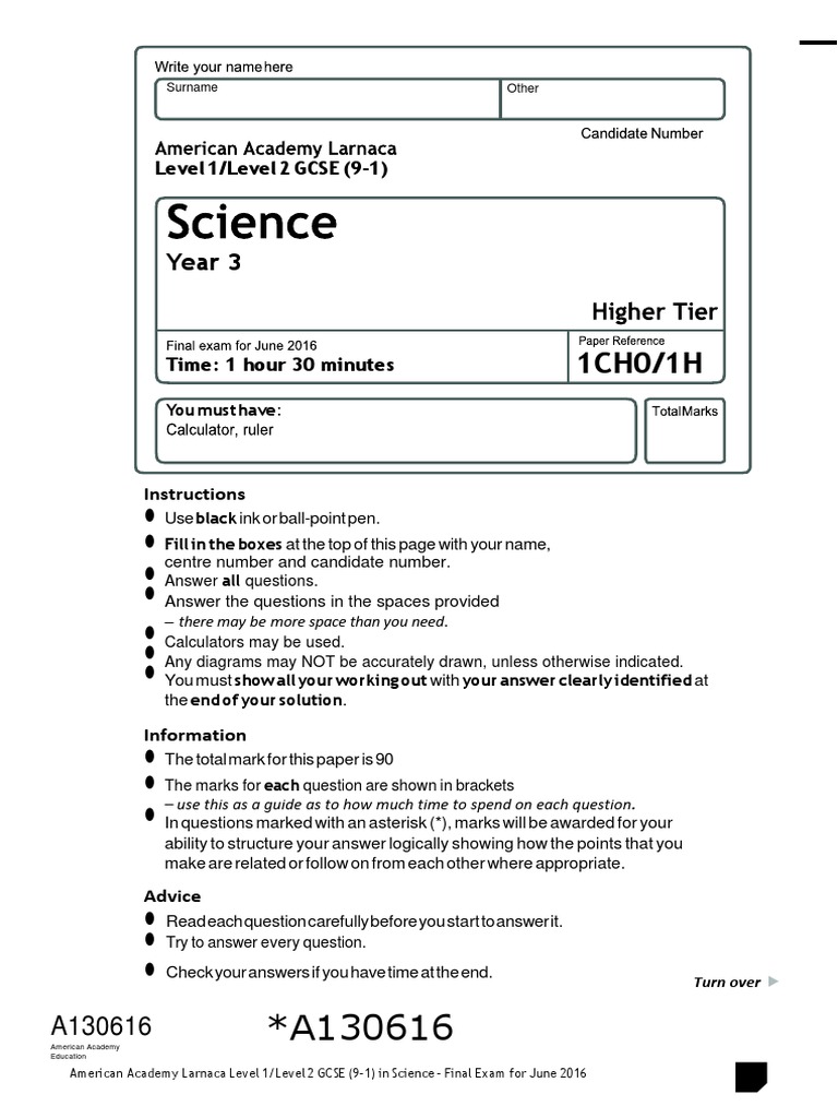 GCSE (9-1) Y9 Science Final Exam 15 - 16 With Mark Scheme | PDF ...