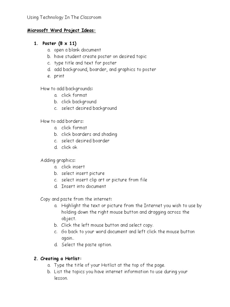 Microsoft Word Project Ideas: 1. Poster (8 X 11) | PDF | Hyperlink ...