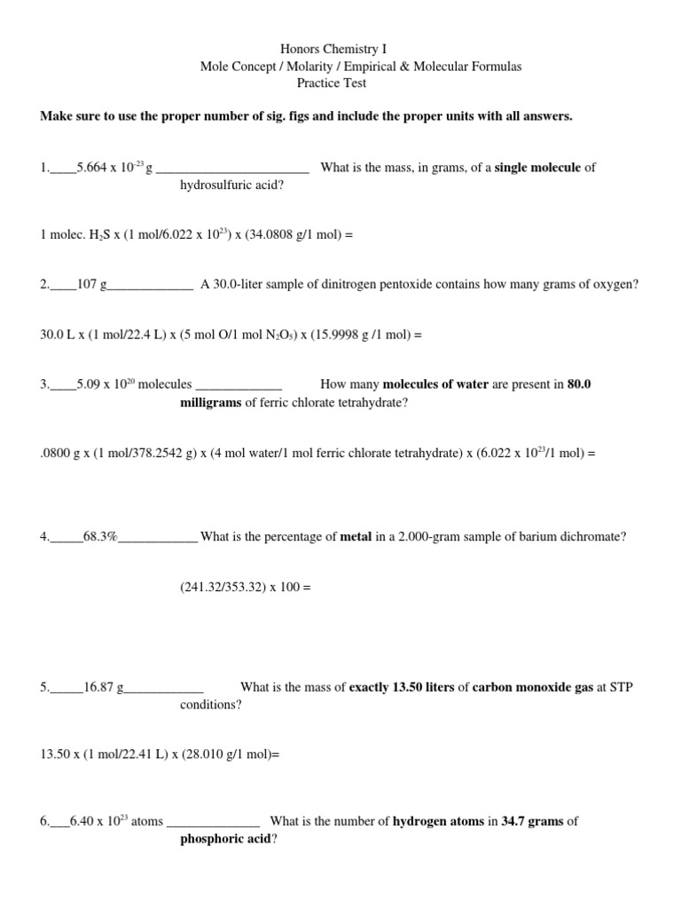 Chemistry Practice Test: Molarity & Formulas | PDF | Mole (Unit) | Ion