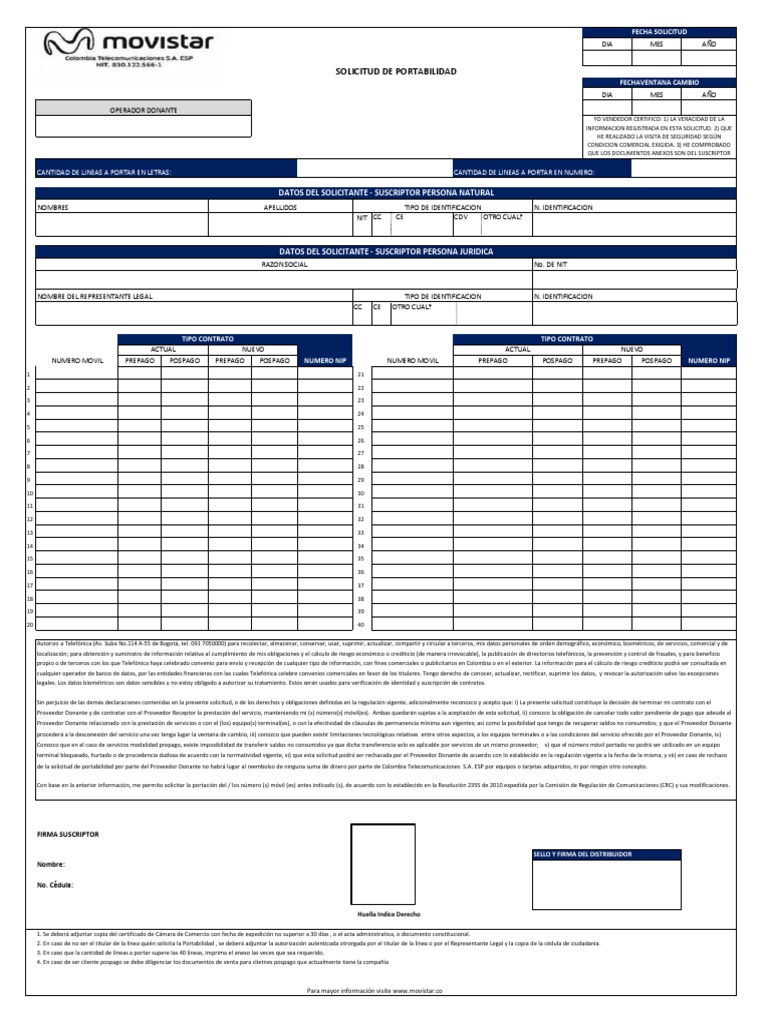 Formato Movistar Portabilidad | PDF | Telefonía móvil | Bancos