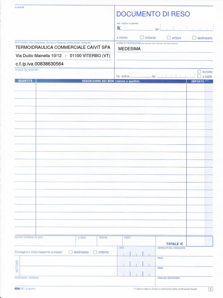 Modulo Documento Di Reso Merce | PDF