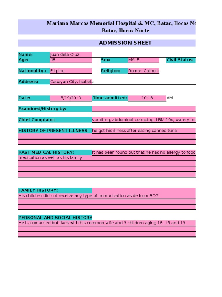 Admission Record for Juan dela Cruz | PDF | Medical Specialties ...