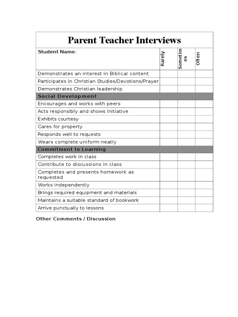 Parent-Teacher Interview Checklist Template | PDF | Learning | Behavior ...