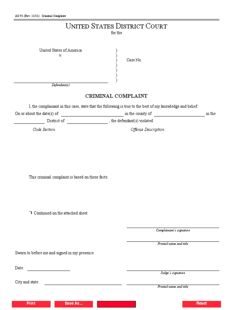 Blank Criminal Complaint Form