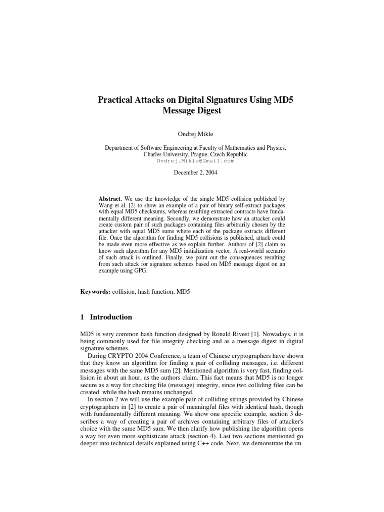 Practical Attacks On Digital Signatures Using MD5 Message Digest | PDF ...