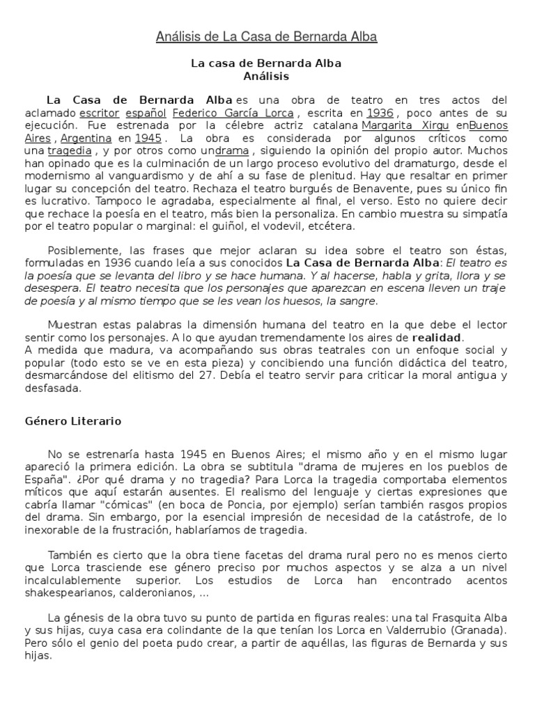 Análisis de La Casa de Bernarda Alba | PDF | Federico García Lorca | Teatro