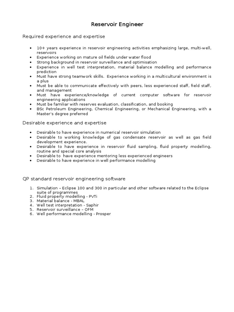 Reservoir Engineer: Required Experience and Expertise | PDF