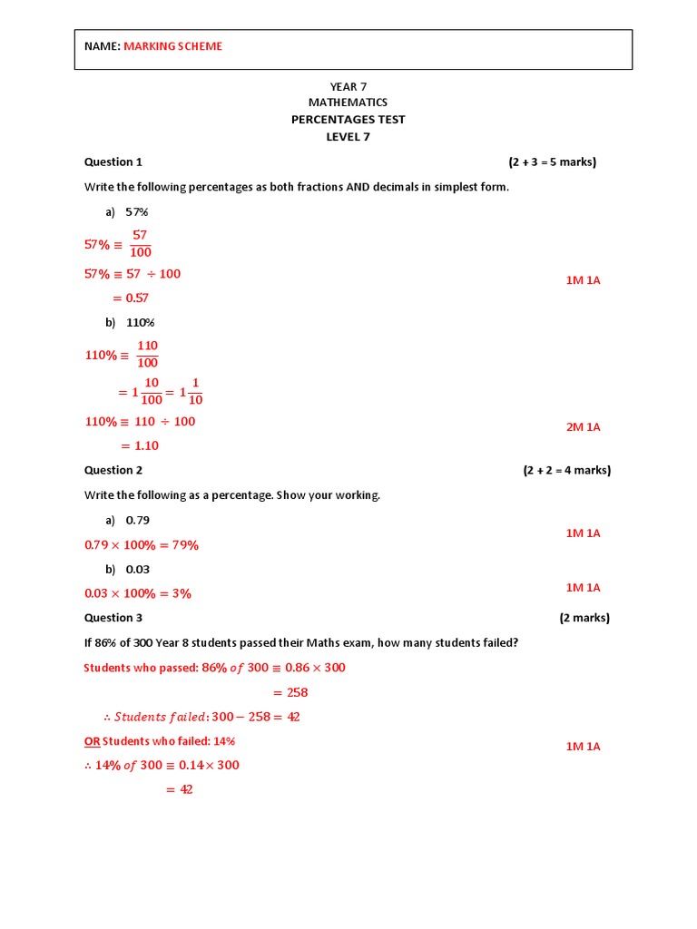 Year 7 Mathematics Percentages Test Guide | PDF | Science & Mathematics ...