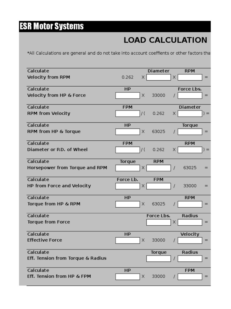 Motor Load Calculation Sheet | PDF | Science & Mathematics