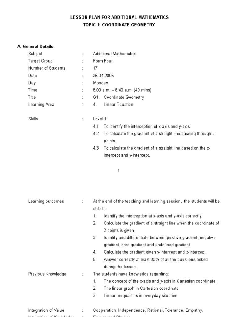 LESSON PLAN Coordinate Geometry | PDF | Line (Geometry) | Cartesian ...