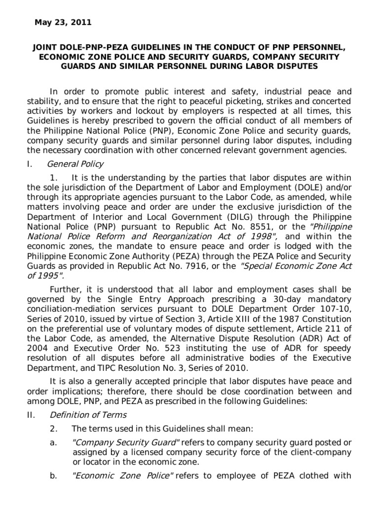 Joint Dole-Pnp-Peza Guidelines in The Conduct of PNP Personnel ...