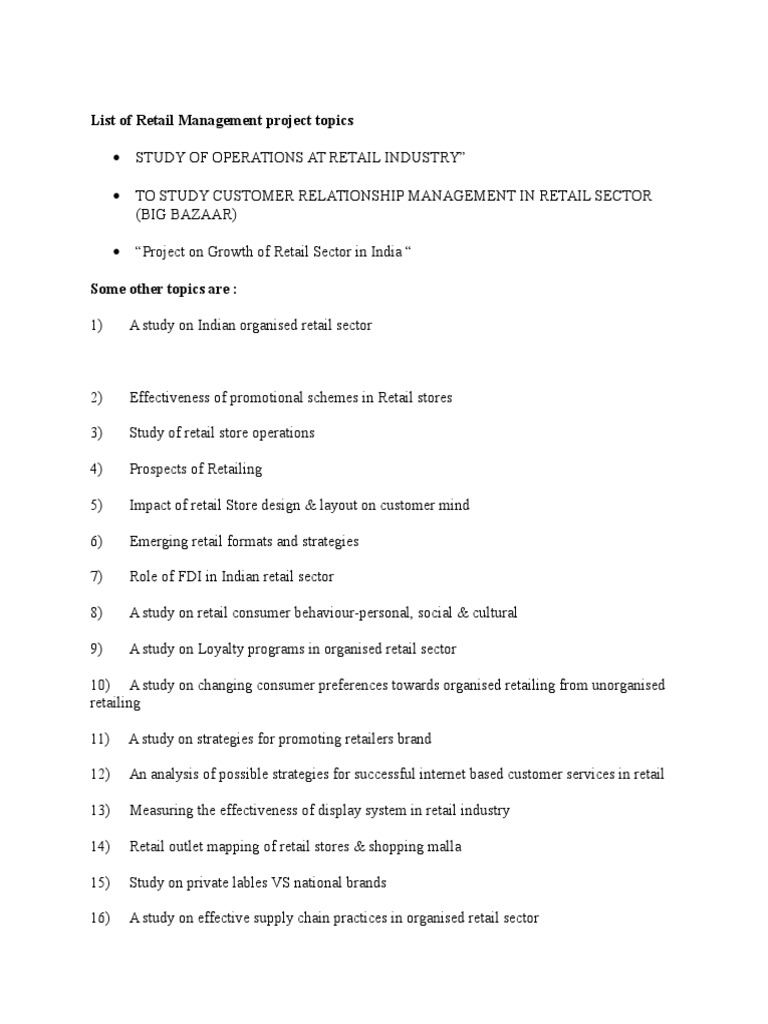 Retail Management Project Topics List | PDF | Retail | Business Economics