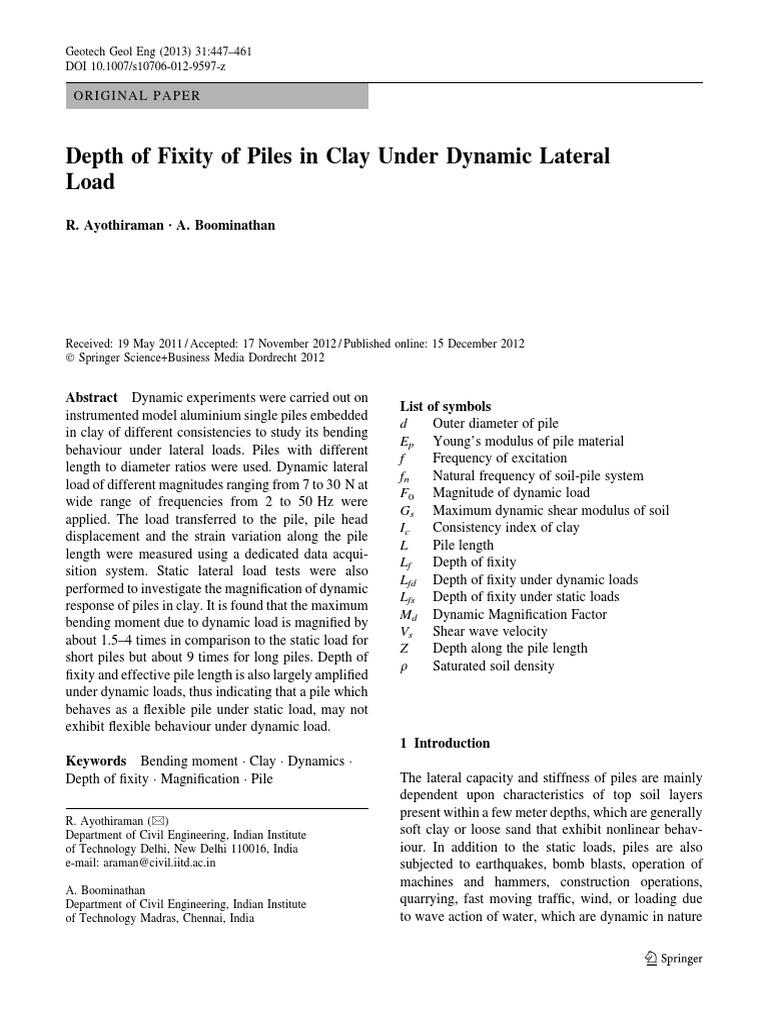 Depth of Fixity of Piles in Clay Under Dynamic Lateral Load PDF | PDF | Geotechnical Engineering ...