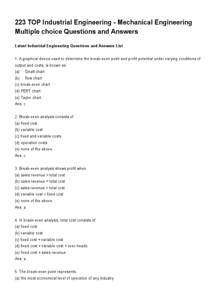 223 TOP Industrial Engineering - Mechanical Engineering Multiple Choice ...