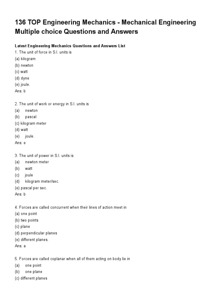 136 TOP Engineering Mechanics Mechanical Engineering Multiple Choice