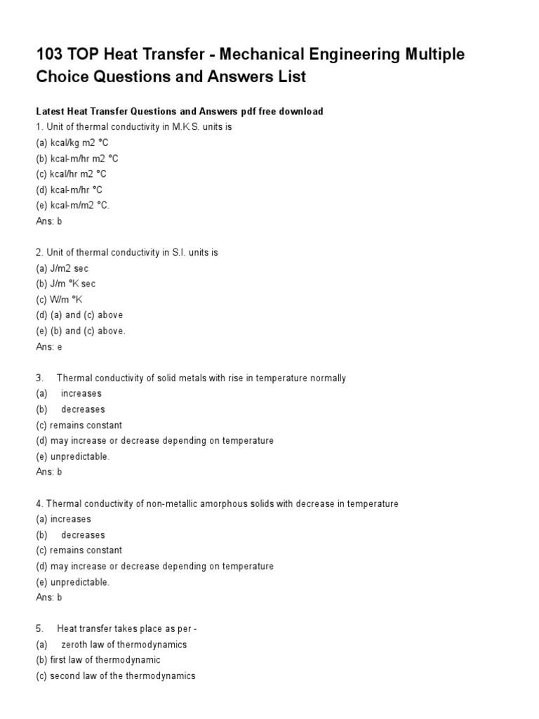103 TOP Heat Transfer - Mechanical Engineering Multiple Choice ...