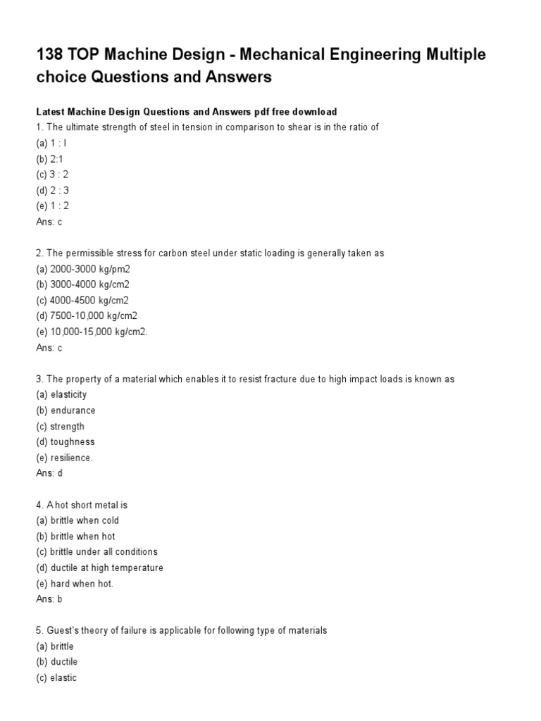 138 TOP Machine Design - Mechanical Engineering Multiple Choice Questions and Answers _ MCQs ...