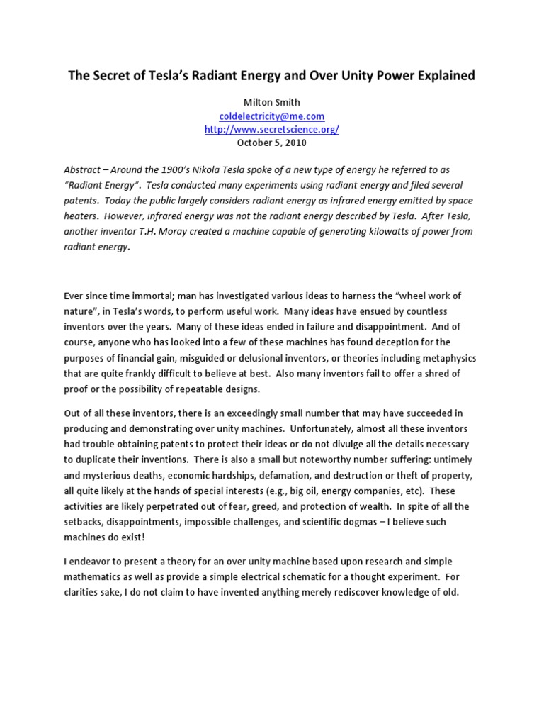 A Theory of Over Unity Power Generation Based on Nikola Tesla's ...