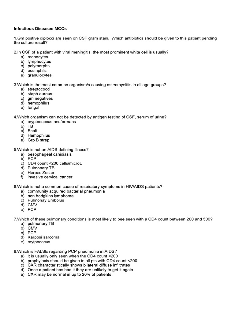 Infectious Diseases MCQs and Answers | PDF | Pneumonia | Epidemiology