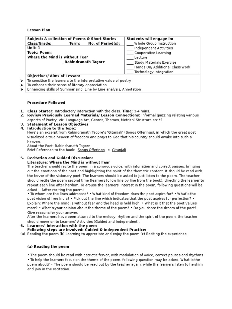 Lesson Plan Poem Where The Mind Is Without Fear - Rabindranath Tagore ...
